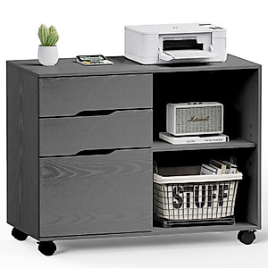 Sweetcrispy Filing Cabinet 3-Drawer File Cabinets Printer Stand for Home Office Mobile Vertical Storage Cabinet Under Desk Wood Organizers with Open Storage Shelves for Kids Room, Small Space