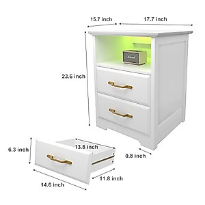 NEDYO White Nightstand with Charging Station & LED, Bed Side Table with 2 Drawers, Modern Small End Table for Bedroom and Living Room. Cream White