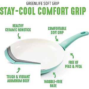 GreenLife Soft Grip Healthy Ceramic Nonstick 12" Frying Pan Skillet and 1QT and 2QT Saucepan Pot Set with Lids, PFAS-Free, Dishwasher Safe