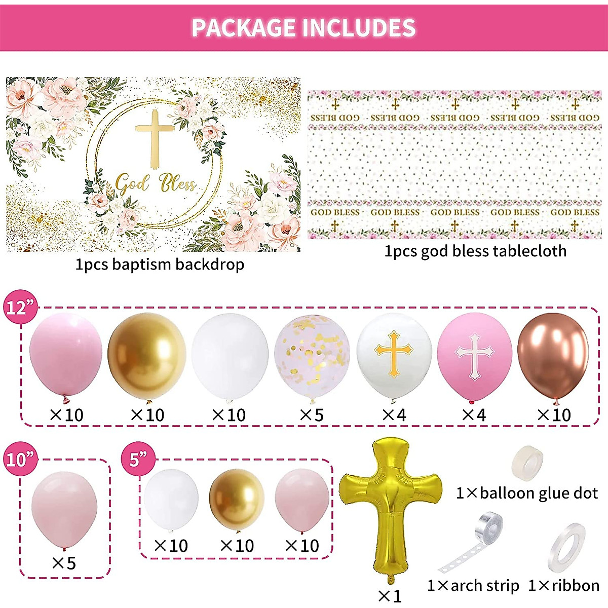 Baptism Decorations for Girls God Bless Party Decorations Floral God Bless Backdrop Banner,Pink Gold Balloon Garland,Cross Balloons Bautizo First Communion Christening Party Decorations,Baby Shower