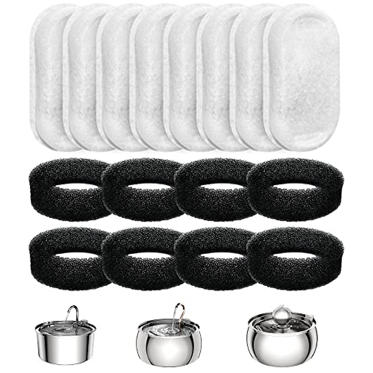 Tomxcute Cat Water Fountain Filters for 108oz/3.2L and 135oz/4.0L Adjustable Water Flow Pet Water Fountain，Ultra-Quiet Cat Water Fountain Dog Water Dispenser 8 Packs Filters & 8 Sponges Foam Filters