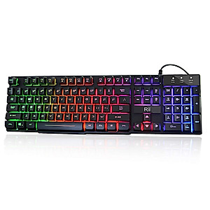 Rii RK100+ Multiple Color Rainbow LED Backlit Large Size usb Wired Mechanical Feeling Multimedia Gaming Keyboard,Office Keyboard For Working or Primer Gaming,Office Device (Renewed)