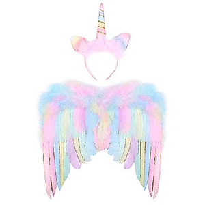 Girls Unicorn Wings with Headband Cute Feather Angel Wings Halloween Costume Accessories Cosplay Dress up Birthday Decorations