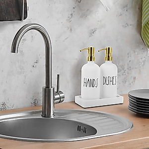 Luxury Gold Soap Dispenser for Kitchen Sink by Brighter Barns - White Glass Kitchen Soap Dispenser Set with Tray, Stainless Steel Pump - Modern Farmhouse Decor, White and Gold Kitchen Accessories