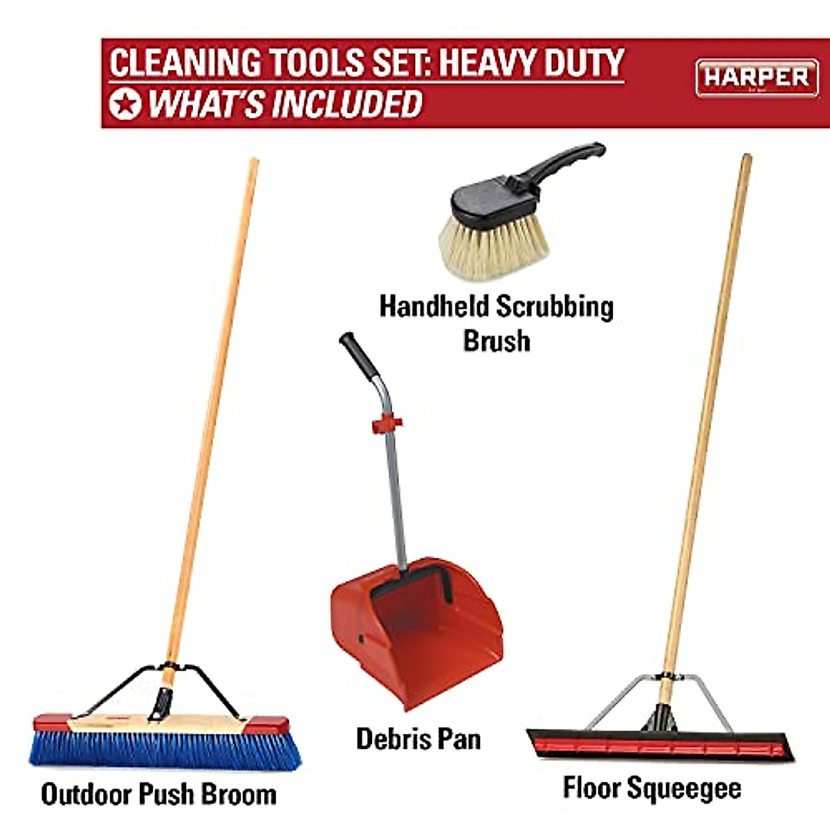 Harper 37518500 Heavy Duty Cleaning Set with Outdoor Push Broom, Floor Squeegee, Debris Pan and Handheld Scrubbing Brush