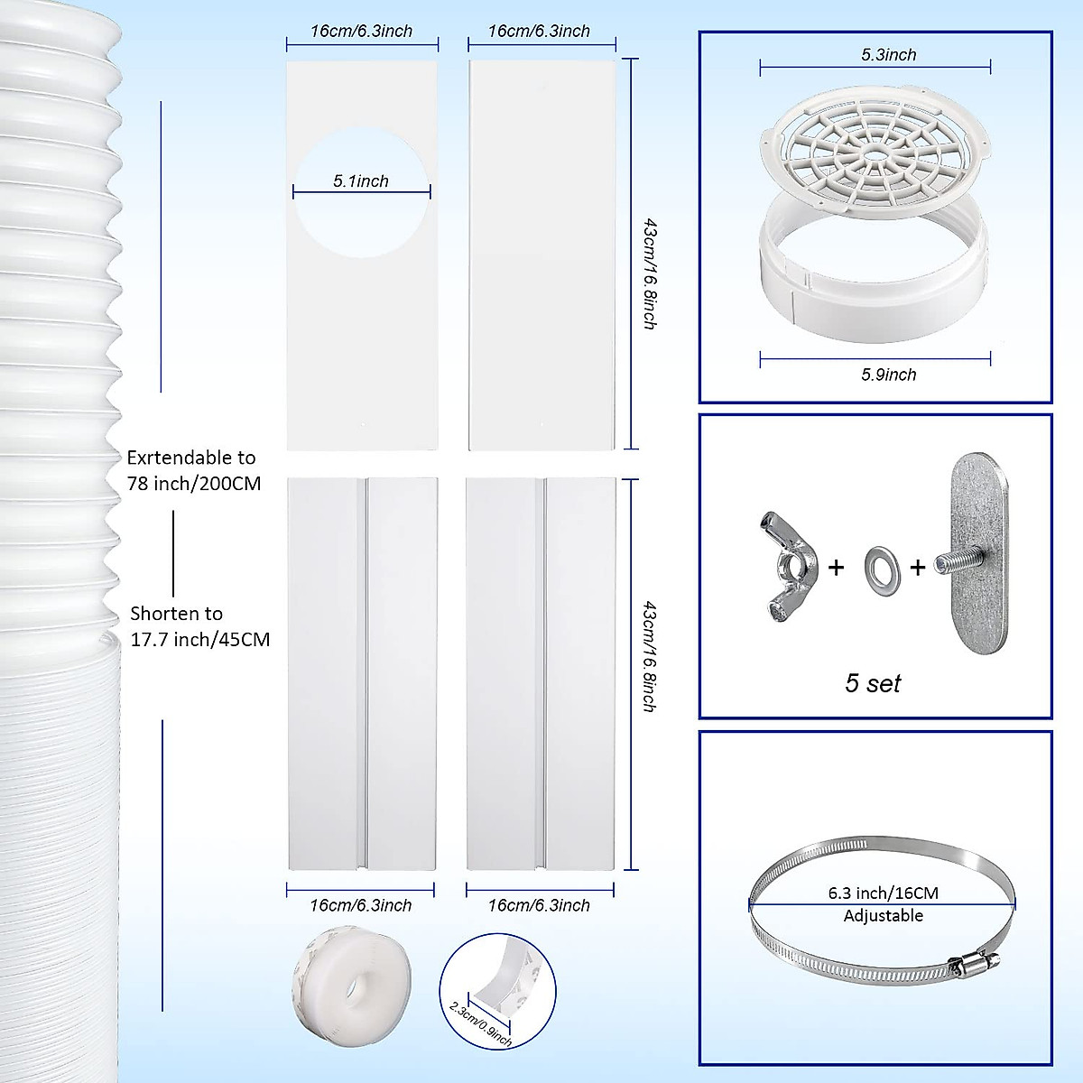 GNILLKO Portable Air Conditioner AC Window Kit with 5.9" Exhaust Hose & Coupler, Adjustable Window Seal Kit Plate for AC Unit, Portable AC Window Vent Kit for Sliding Horizontal & Vertical Window