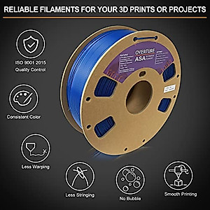 OVERTURE ASA Filament 1.75mm Premium Anti-UV 3D Printer Filament, 1kg Spool (2.2lbs), Dimensional Accuracy +/- 0.03 mm, Fit Most FDM Printer (Blue)