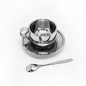 Insulated Coffee Cup with Saucer and Spoon - Dual Wall Stainless Steel Mug, Latte, Espresso, Cappuccino, Milk Drinkware, Double Layer Shatterproof Cup with Handle - 125 ml, 4.2 oz