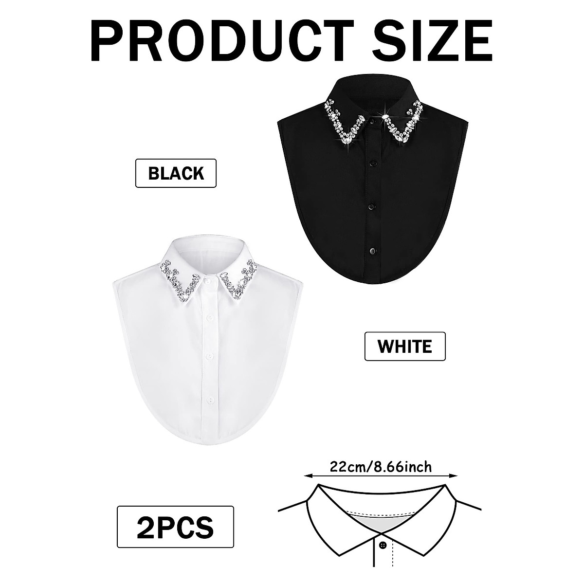 Bencailor 2 Pieces Rhinestone Fake Collar Detachable Dickey Collar for Women Half Shirt Collar Blouse False Collar for Women Girls Outfits, White and Black