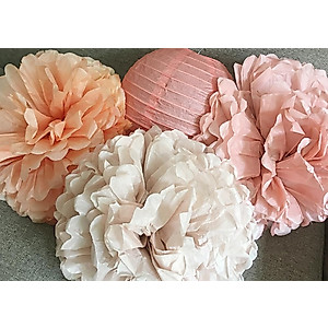 Hanging Party Decorations - Tissue Paper pom poms and Lanterns Backdrop Decor for Engagement Wedding Birthday Bridal Shower Bachelorette (Rose Gold)
