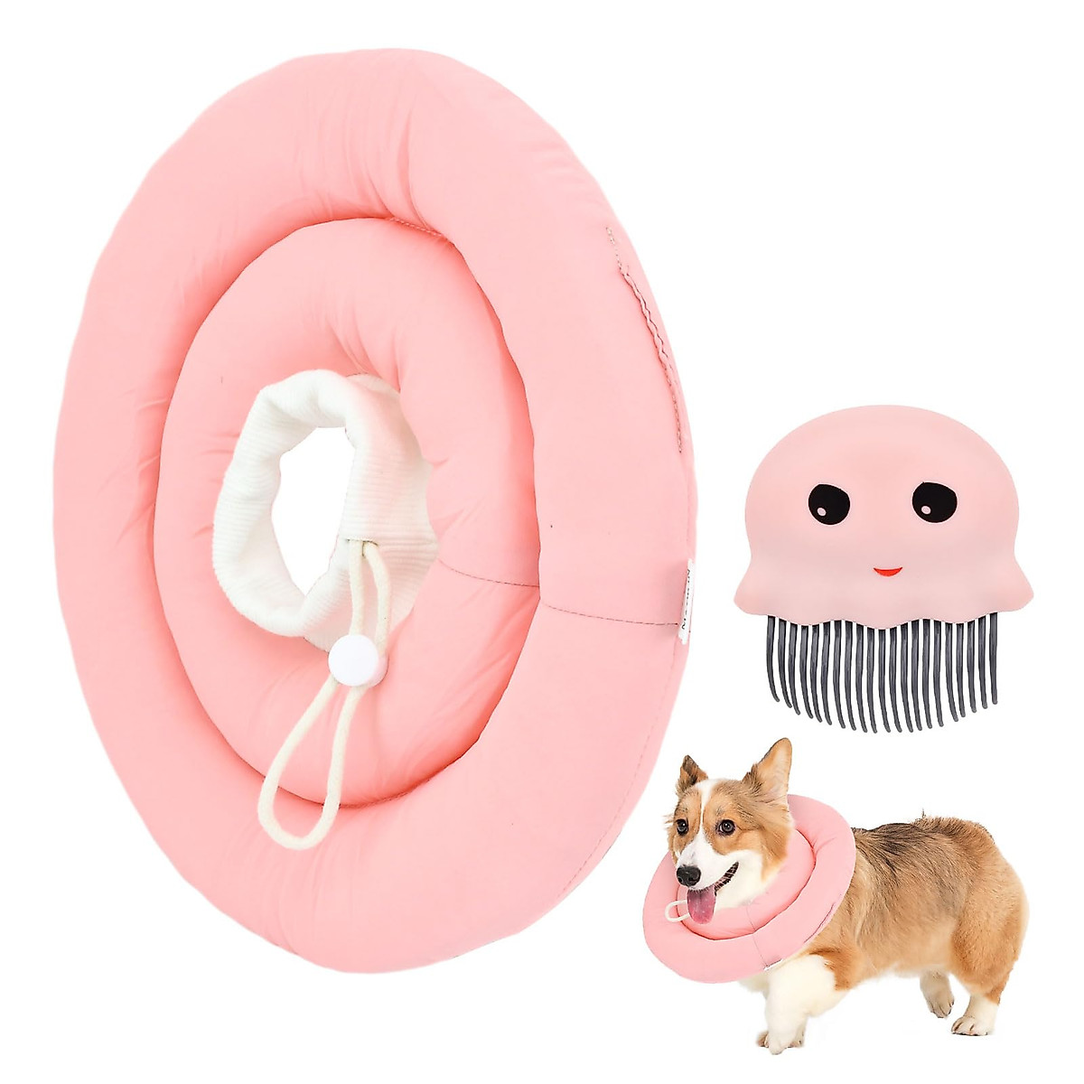 Jaeskeclip Dog Cone, Pet Collar Set, Adjustable Dog Pillow Cone with Leash, Waterproof Post-Operative Recovery Collar, Lick Resistant, for Small Dogs, Medium Dogs(Size:L)