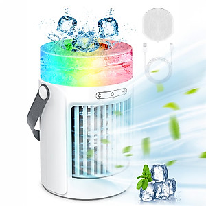 Mini Portable Air Conditioners Humidifier with 3 Speeds & 7 Colors Light, Quite Portable Fan with 650ML Tank, Portable AC Evaporative Air Conditioner Portable for Room, Office, Outdoor & More