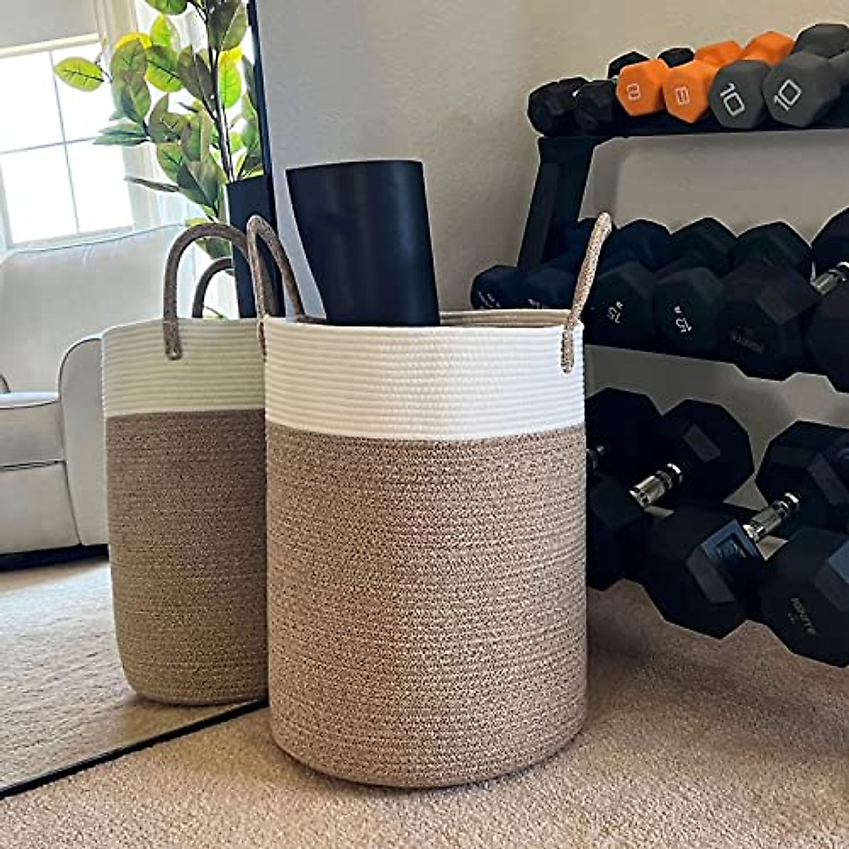 INDRESSME Tall Woven Rope Laundry Basket, Baby Nursery Laundry Hamper for Clothes, Towels, Toys, Blankets, Decorative Basket for Living Room, Nursery, Bedroom, Yoga Mat Basket, 15 x 20 inches, 57L