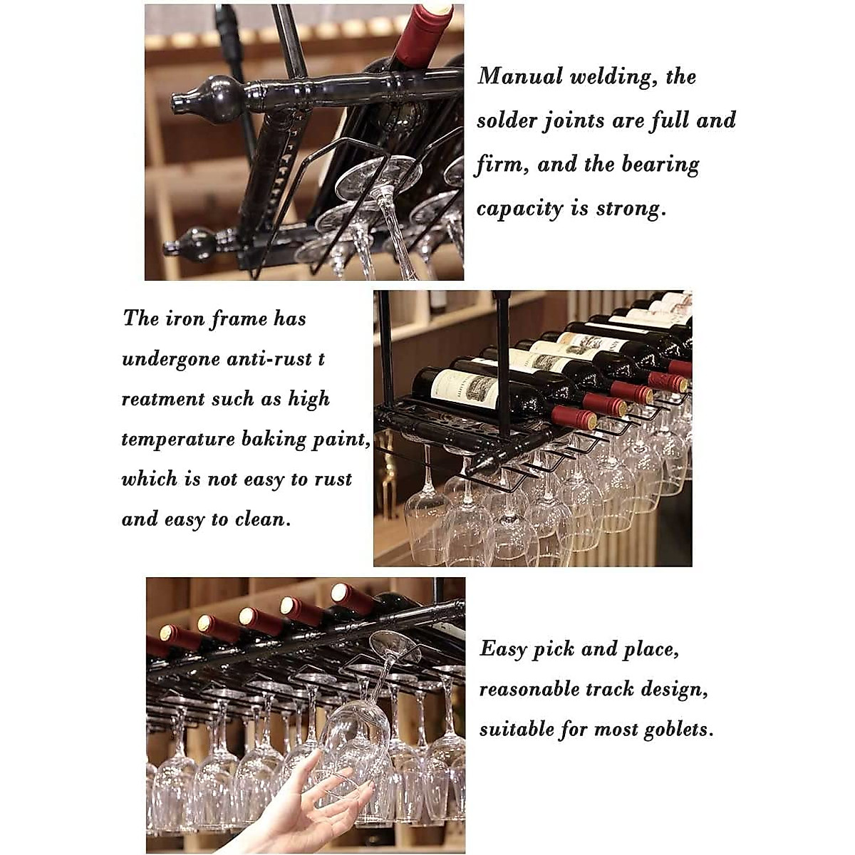 Hanging Wine Rack with Glass Holder and Shelf,Adjustable Metal Ceiling Bar Wine Glass Rack,2 in 1Industrial Wall Mounted Wine and Glass Rack,47.3” Bottle Holder Wine Shelf