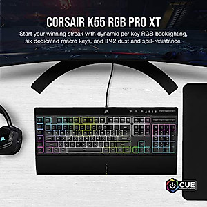 Corsair K55 RGB PRO XT - Dynamic Per-Key RGB Backlighting - Six Macro Keys with Elgato Stream Deck Software Integration-IP42 Dust and Spill-Resistant-Detachable Palm Rest-Media and Volume Keys-Black