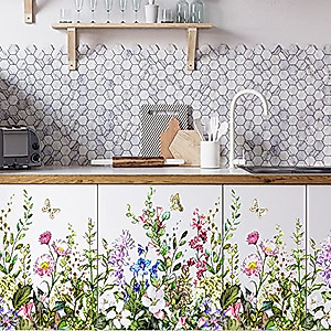 Colorful Flowers Wall Stickers, ULENDIS Peel and Stick Green Plants Flower Grass Butterfly Wall Decals, DIY Removable Wall Art Sticker Decals Decor for Kids Babys Bedroom Living Room Nursery