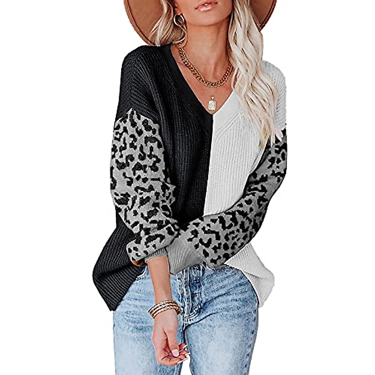 ANCAPELION Women’s V Neck Sweater Pullover Leopard Long Sleeve Basic Color Block Jumper Casual Knitted Tops Leopard Grey XX-Large