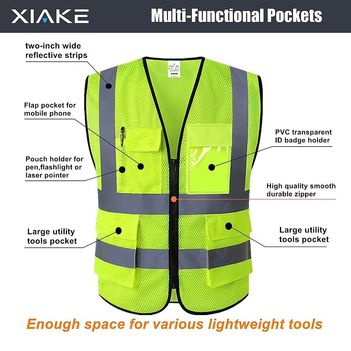 XIAKE Reflective Safety Vest for Men & Women Mesh High Visibility Vest with Pockets Meets ANSI Standards(Medium,Yellow)