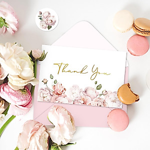 Whaline 36 Packs Floral Gold Foil Thank You Cards Watercolor Pink Flower Greeting Cards Blank Note Cards with Envelopes and Stickers for Wedding Baby Shower Bridal Shower Party, 4 x 6 Inch