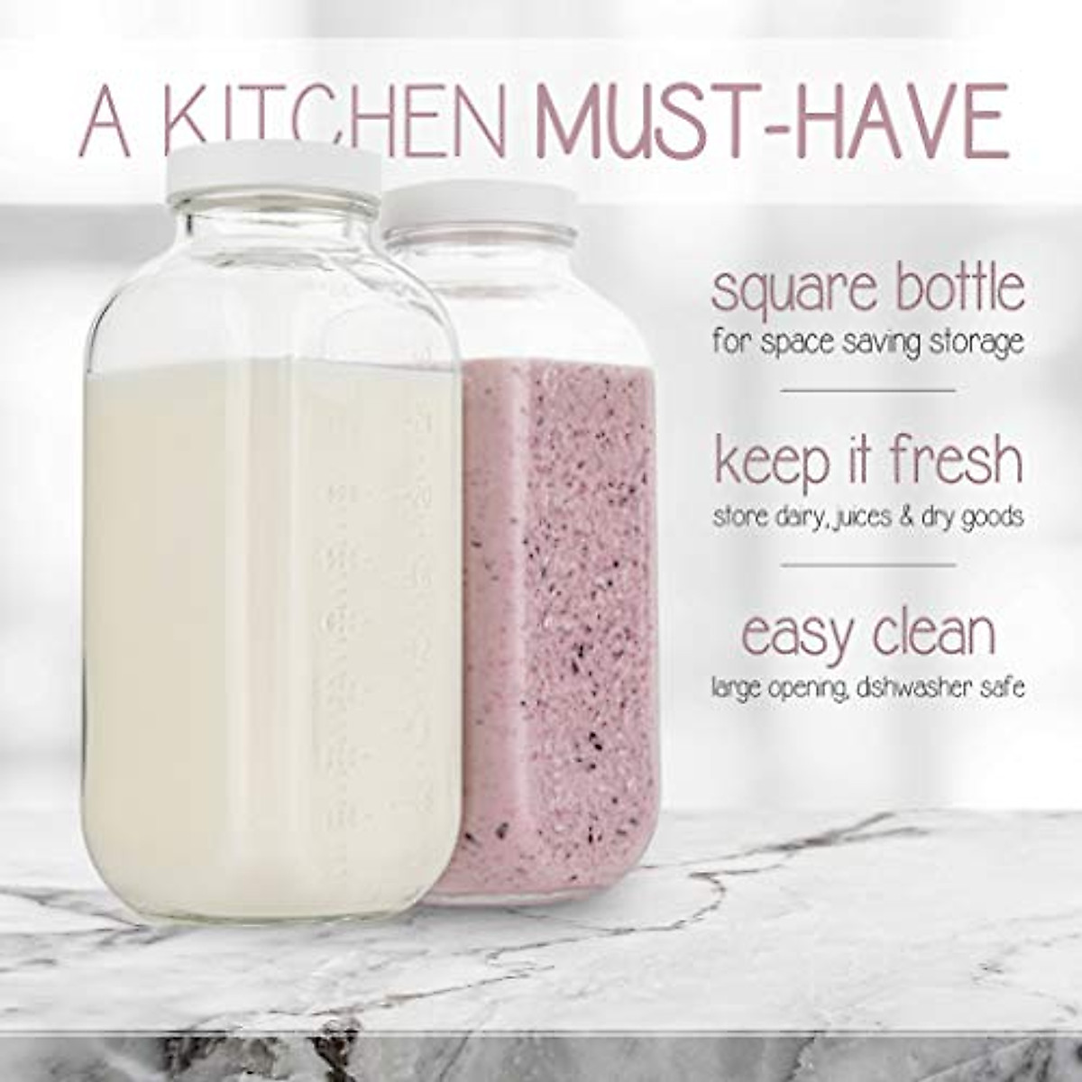 kitchentoolz 32oz Square Glass Milk Bottle with Plastic Airtight Lids, Reusable Dairy Drinking Containers for Refrigerator with Measurement Marks, Yogurt, Smoothies, Kombucha, Water- 4 Pack