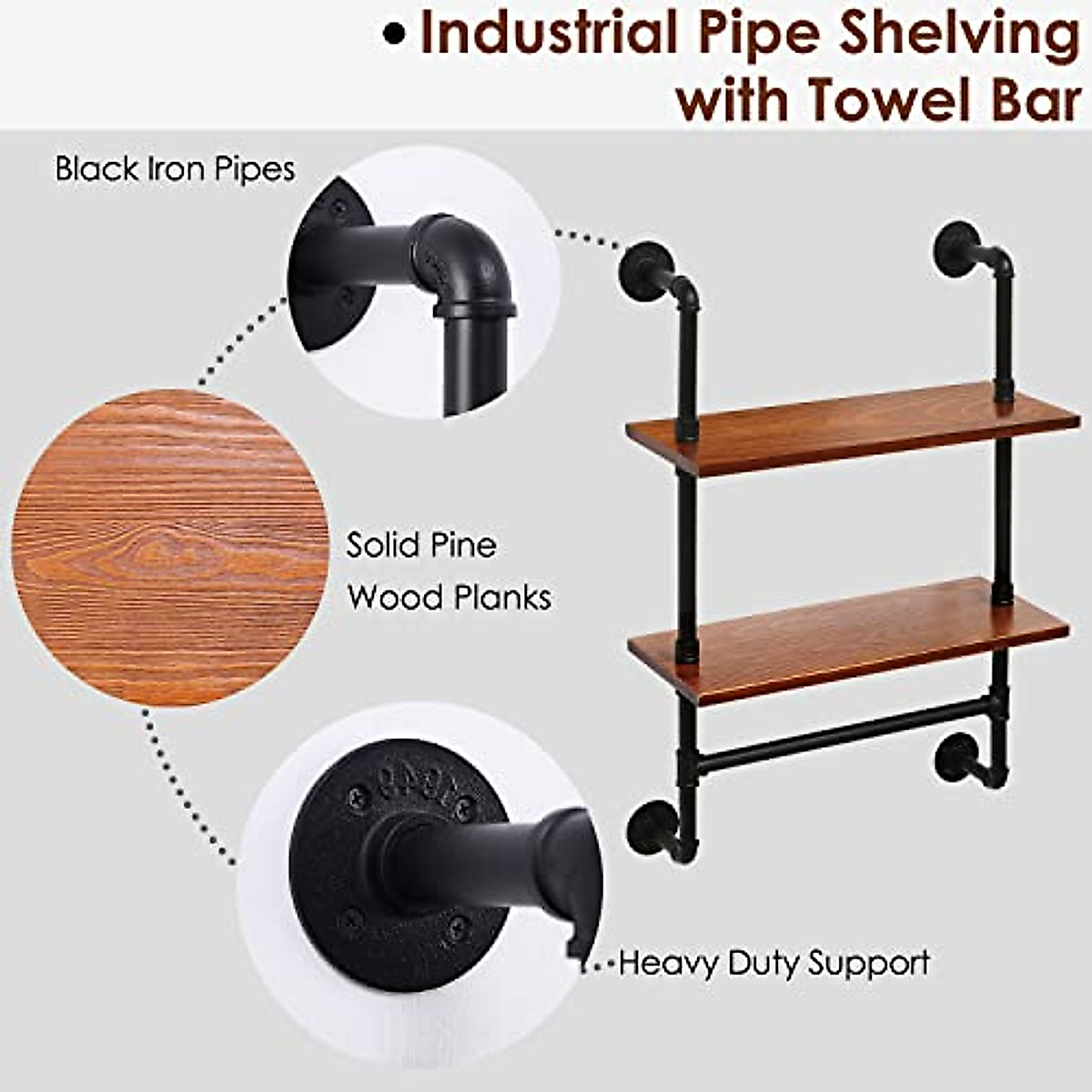 2 Tier Bathroom Floating Shelves with Industrial Pipe, 36 Inch Rustic Wood Wall Mounted Over Toilet Shelves with Towel Bar and Hooks, Wall Shelves for Bookshelf Kitchen Bar Living Room