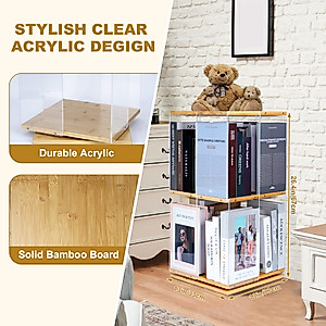 Qriocioa Rotating Bookshelf, 360° Display Spinning Bookshelf, Corner Bookcases with Clear Acrylic & Solid Wood, 2-Tier Floor Standing Bookcase Narrow Shelf Book Organizer Storage Rack for Bedroom