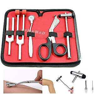 Premium Student Diagnostic Kit- Reflex Hammer & Tuning Fork Set C 128 And C 512 + Wartenberg Pinwheel Premium Steel Bandage Scissor 7.5” (Set Of 5 Buck Reflex Hammer Black Scissor)