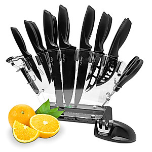 NutriChefKitchen 17 Piece Kitchen Knife Set - Stainless Steel Kitchen Precision Knives Set w/ 6 Steak Knives & Bonus Sharpener, Chopping, Dicing - NCKNS17.5, Black