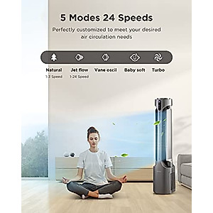 AIRMATE Bladeless Fan & HEPA Filter Air Purifier 2in1 with Remote, Silent 45”Oscillating Pedestal Fan, 5 Modes 24 Speeds, LED Display, 15H Timer, Auto Off, Portable Tower Fan for Bedroom Home Office