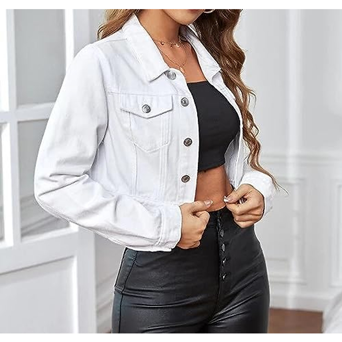 YUZIBAO Women's Oversized Jean Jacket Button Down Cropped Denim Jean Jacket Coat(White,S)