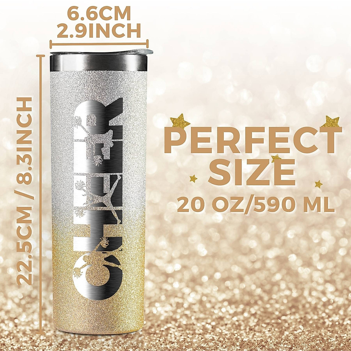 Onebttl Cheerleader Glitter Tumbler Gifts For Girls - Cheer - 20oz/590ml Stainless Steel Insulated Tumbler with Straw, Lid - Gift for Cheerleading, Coach or Cheer Squad - (Gold-Silver Gradient)