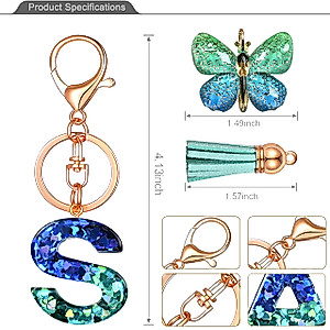 JINGUAZI Initial letter Keychains for Women Tassel Butterfly Pink Purple Cute Car Keychain for Wallet Backpack bag charm (S-Blue Green)