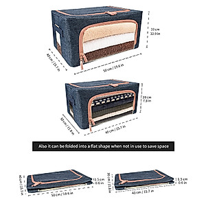 Pranski 2-PACK Clothes Storage Bins Box, Linen Fabric Foldable Cloth Container with Clear Window & Carry Handles Metal Steel Frame - Large Capacity for Closet, Blankets, Toys, Books (Blue, 22L)