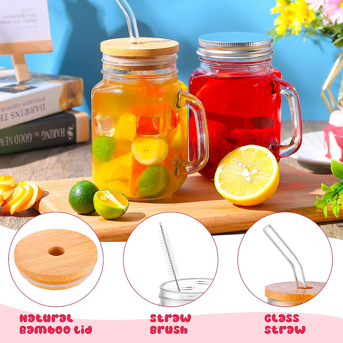 6 Pcs Mason Jar Drinking Glasses Set 16 oz Mason Jars with Handle Reusable Mason Jar Cup Mason Jar Mugs Glass Smoothie Cups with Lids and Straws for Iced Coffee Travel Tea Juice Milk Milkshake