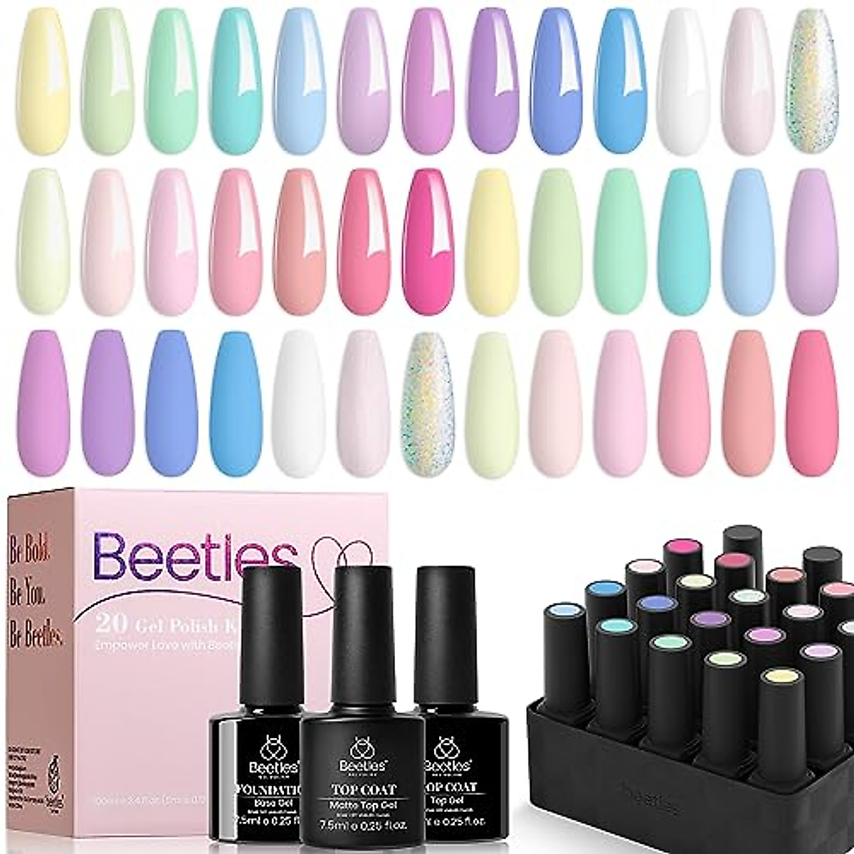 beetles Gel Polish Nail Set 20 Colors Dreamy Town Collection Pastel Girly Sparkle Glitter Uv Gel 2023 Macaroon Bright Manicure Kit for Girls Women with 3Pcs Base Top Coat