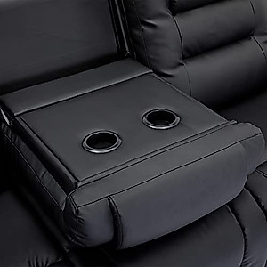 Eafurn PU Leather Double Center Console, Manual Recliner w/Easy Pull Handles and Adjustable Footrest, 3-Seater Sofa & Couch for Living Room Theater Seating RV Furniture, Black