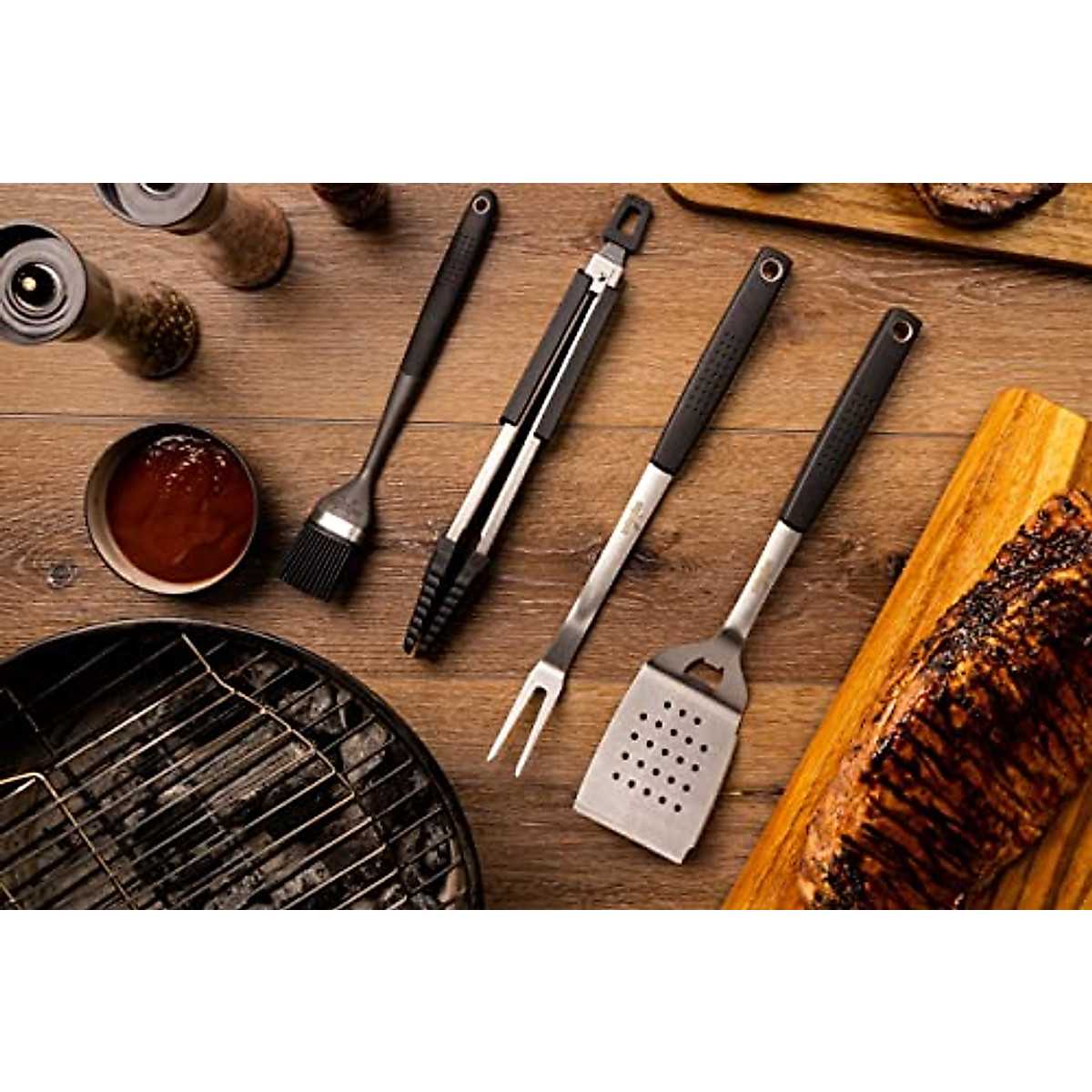 GRILLHOGS Heavy Duty BBQ Grilling Tool Set, Premium Soft Grip Tongs, Spatula with Bottle Opener and Serrated Edge, Barbecue Meat Fork, Stainless Steel Basting Brush, Premium BBQ Utensils Set (4 Piece)