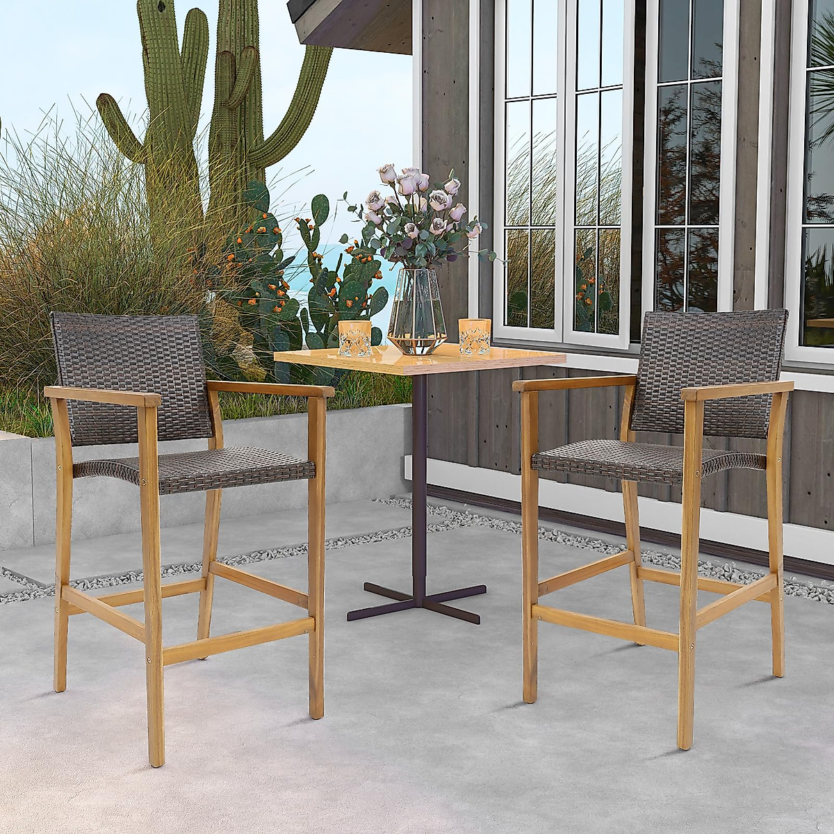 Tangkula Patio Rattan Bar Stool Set of 2, Outdoor PE Wicker Bar Chairs with Armrests, Counter Height Acacia Wood Barstools with Sturdy Footrests, for Balcony, Backyard, Poolside (2, Mix Brown)