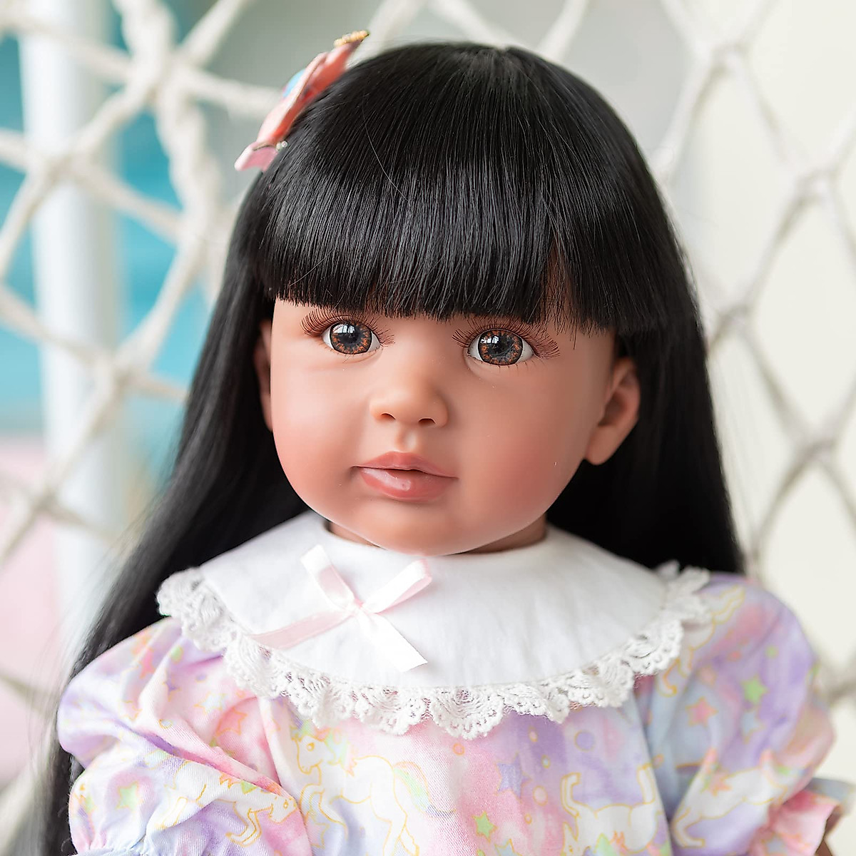 Angelbaby Reborn Toddle Doll Girl Black, 24inch Realistic African American Reborn Baby with Black Long Hair Soft Weighted Silicone Bebe Reborns Look Real