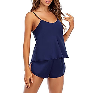 Zando Womens Plus Size Lingerie Sexy Back Pajamas Satin Lingerie Sleepwear Shorts Silk Sleepwear Sets for Women PJ Set 2 Piece Summer Pajamas Set Cami Shorts Pajama Navy Blue X-Large