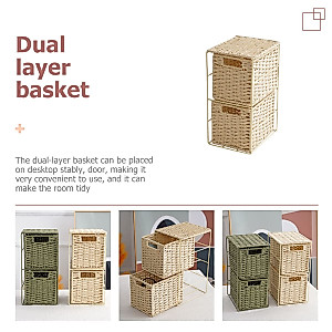 Cabilock Rattan Double Layer Basket wicker basket 3 drawer plastic storage 2 tier organizer baskets woven sliding basket plastic drawers for clothes pantry pvc imitation rattan egg to weave