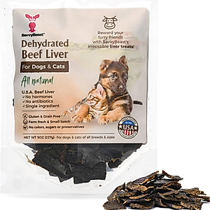 SavvyBeast Dehydrated Beef Liver Dog Treats - 5oz All-Natural, Grain-Free, Single Ingredient for Training - Healthy Pure Gently Air Dried Raw Organ Meat Dry Jerky for Dogs, Cats - Made in USA Only