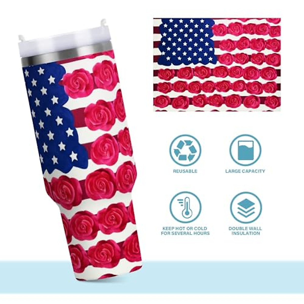 ODAWA Large Red Roses American Flag Insulated Tumblers with Handle and Straw Lid, 2 in 1 Lid Insulated Stainless Steel Tumblers