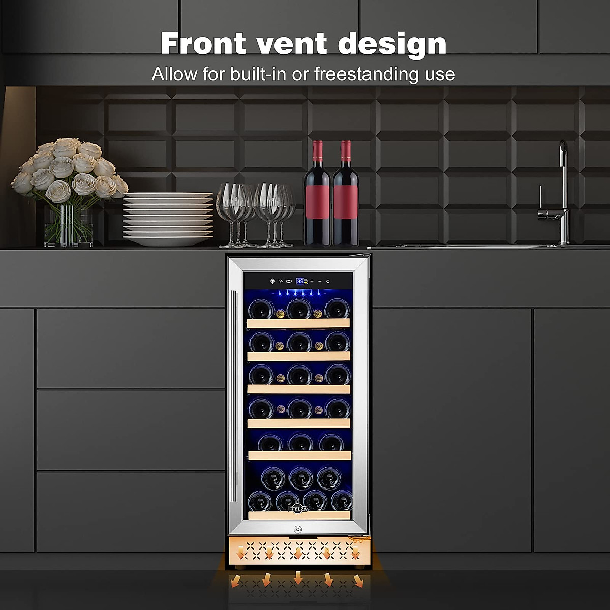 Tylza 15 Inch Wine Cooler Under Counter, 30 Bottle Capacity, Stainless Steel Tempered Glass Door, Constant Temperature Technology, Removable Shelves, Smart Control, 3.6 Cubic Feet