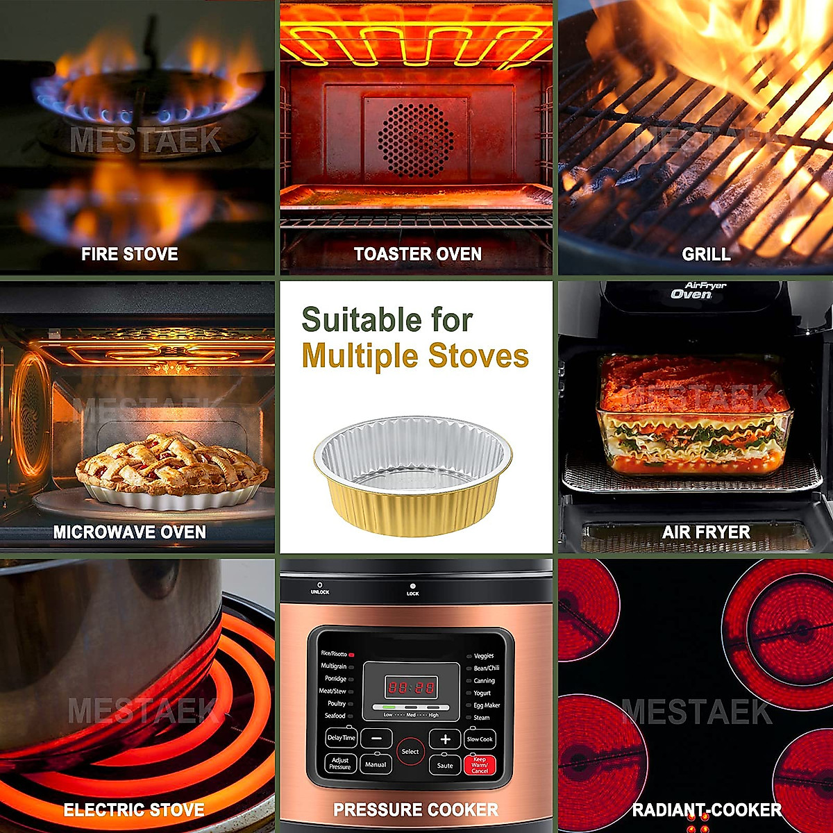 MESTAEK 10" Sturdy Aluminum Foil Pans with Lids (5 Pack), 2X Thicker Heavy Duty Reusable Foil Tin for Cooking Baking