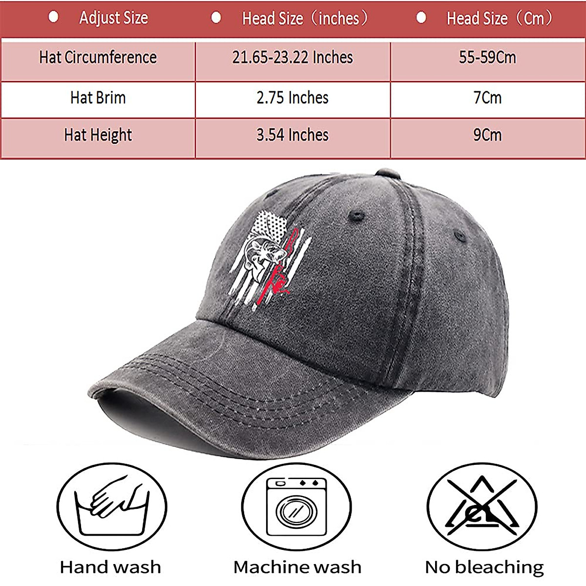 Fish American Flag Hat, Adjustable Washed Fishing Rod Us Flag Baseball Cap for Fisherman Men Women (Fish American Flag Black, one Size)