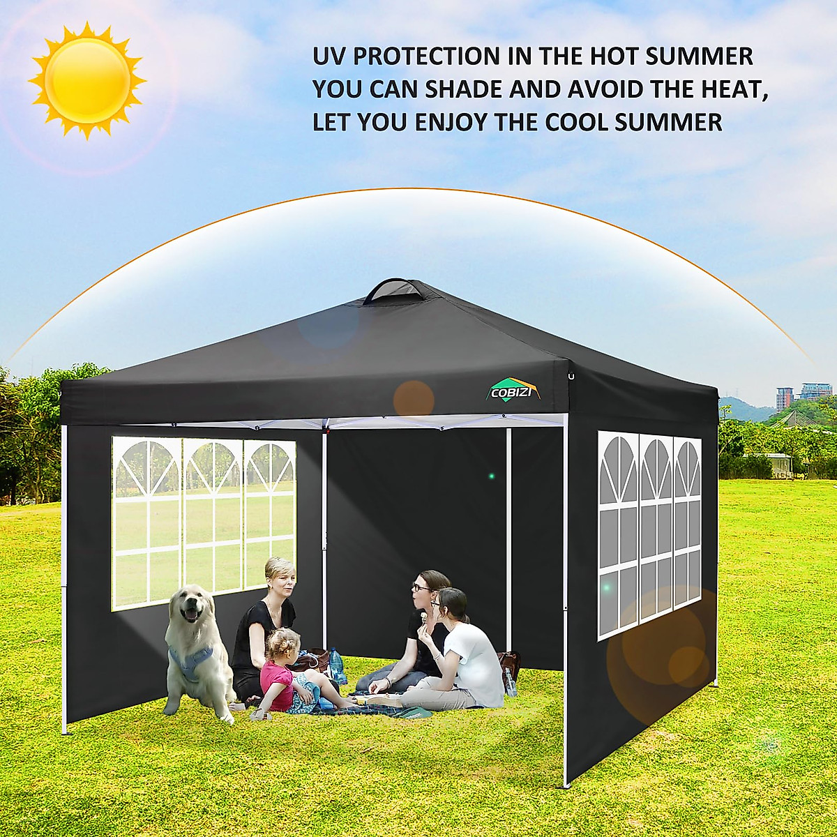 COBIZI 10x10 Ez Pop Up Canopy Tent with 4 Sidewalls Commercial Instant Gazebo Tents for Parties,Waterproof Adjustable Outdoor Patio 10x10 Heavy Duty Canopy Party Tent with 4 Sand Bags,8 Stakes(Black)