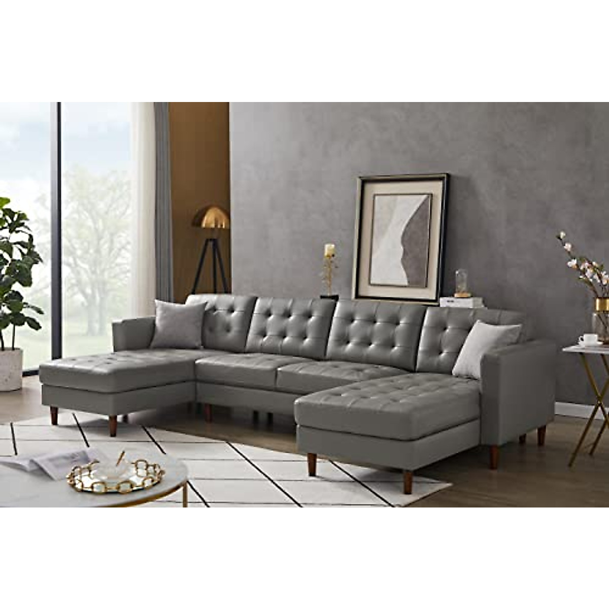 Aoowow Convertible Modular Sectional Sofa Couch U Shaped with Reversible Chaise PU Faux Leather (Grey)