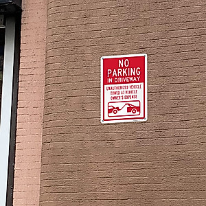 SmartSign 14 x 10 inch “No Parking In Driveway Unauthorized Vehicles Towed” Metal Sign, 40 mil Laminated Rustproof Aluminium, White and Red, Made in USA