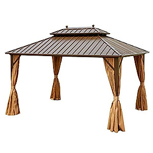 MELLCOM 10' X 13' Hardtop Gazebo, Galvanized Steel Vertical Stripe Double Roof Outdoor Gazebo, Aluminum Frame Metal Gazebo with Netting and Curtains for Patios, Gardens, Lawns